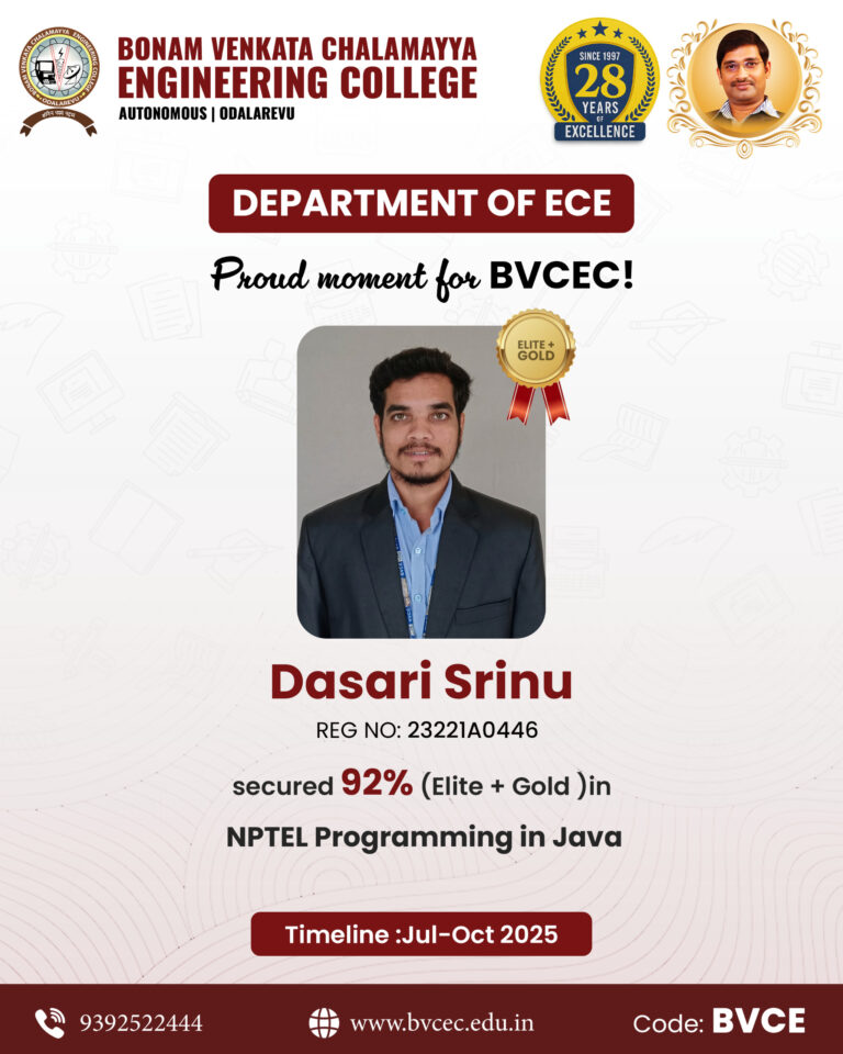Outstanding Achievement by Dasari Srinu (ECE) in NPTEL Programming in Java – 92%(Elite+Gold ...